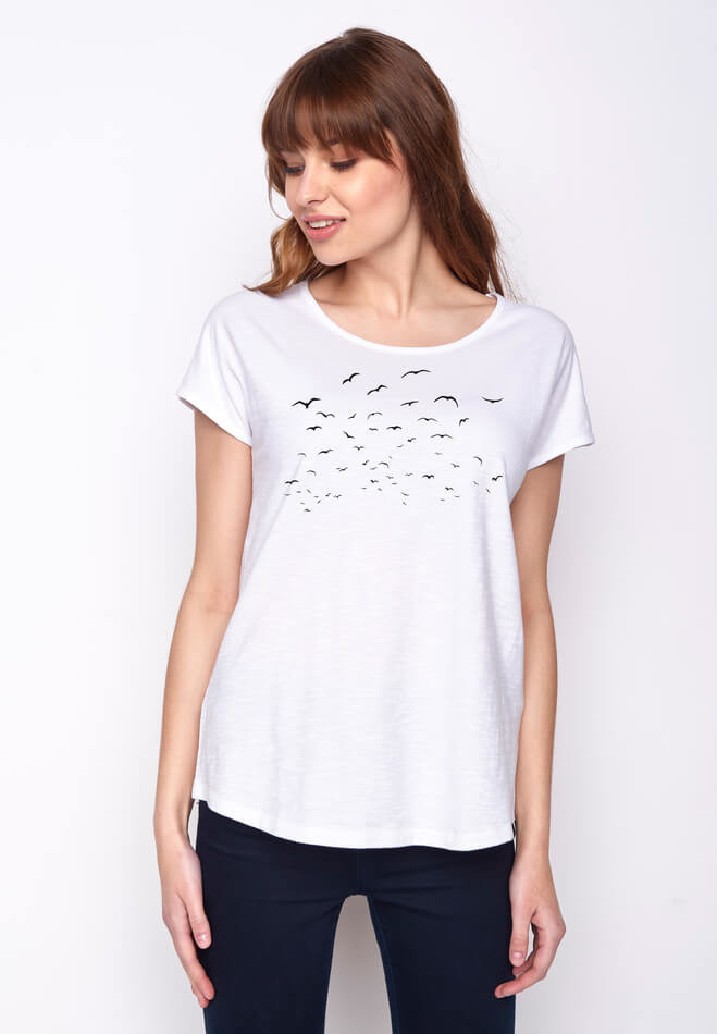 T-shirt coton bio femme - blanc avec imprimé Mouettes T-shirt coton bio femme - blanc avec imprimé Mouettes